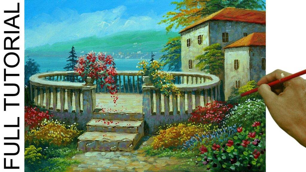 Acrylic Landscape Painting TUTORIAL / Sunny Day On Italian Villa And Flower Garden / JMLisondra ...